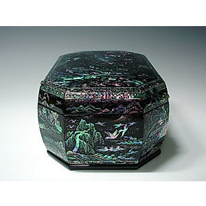Mother of Pearl Inlaid Landscape Design Lacquered Black Octagonal Luxury Wooden Asian Handcrafted Jewelry Trinket Keepsake Treasure Box Case Chest Organizer