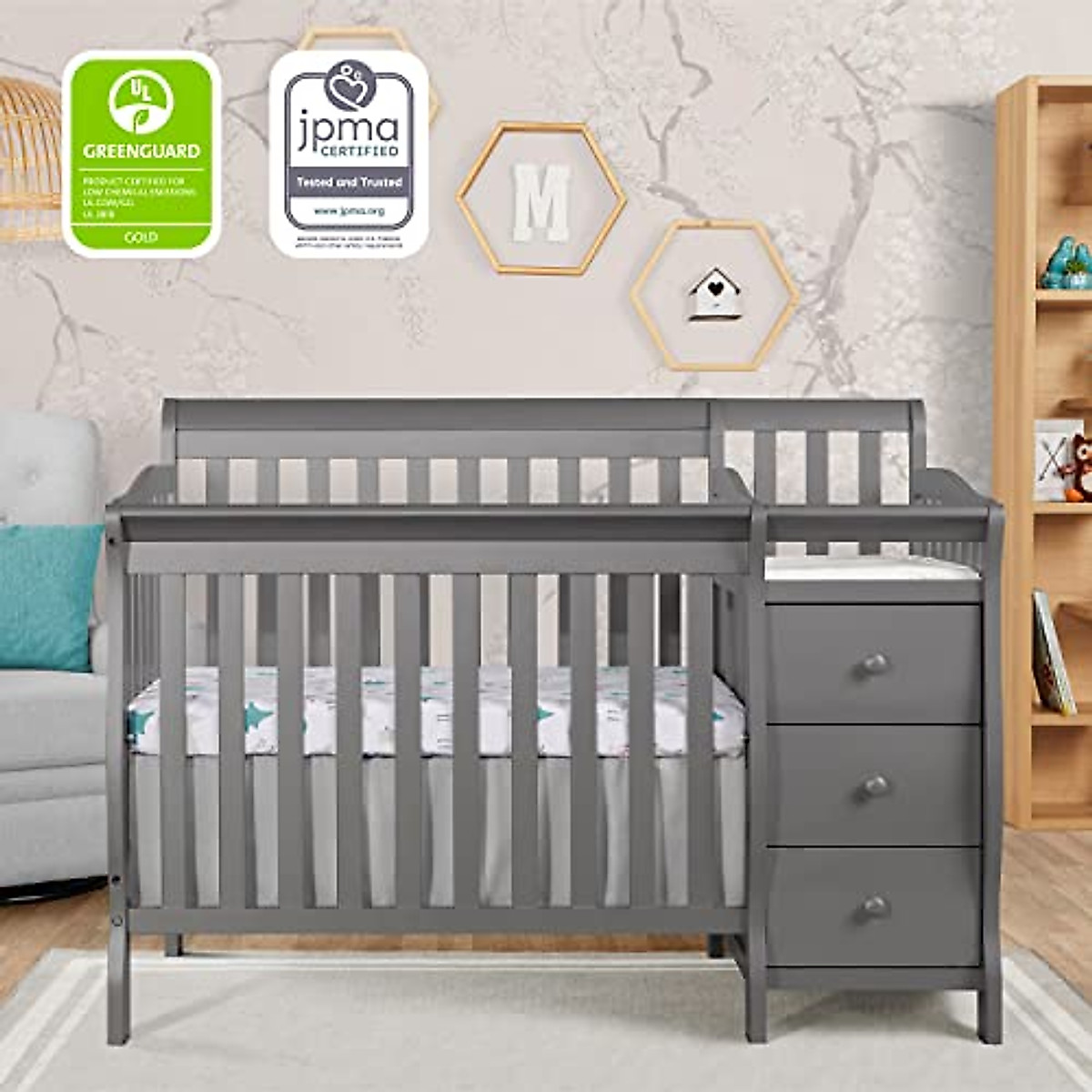 Dream On Me Jayden 4-in-1 Mini Convertible Crib And Changer in Storm Grey, Greenguard Gold Certified, Non-Toxic Finish, New Zealand Pinewood, 1" Mattress Pad