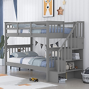 Harper & Bright Designs Bunk Beds Twin Over Twin with Stairs, Wood Bunk Bed Frame with Storage and Guard Rail,Twin Bunk Beds for Kids, Bedroom, Dorm, Teens, Adults,Grey