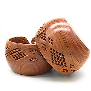 Handmade Sheesham Wood Crafted Wooden Yarn Storage Bowl with Carved Holes & Drills, Knitting Crochet Accessories, 7 x 7 x 4 inches