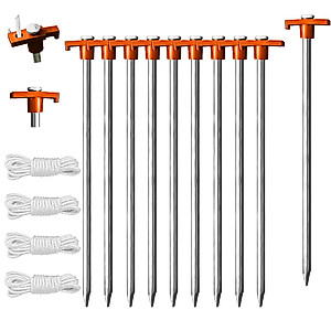 Eurmax USA Galvanized Non-Rust Camping Family Tent Pop Up Tent Stakes Canopy Anchors Heavy Duty 10pc-Pack, with 4x10ft Ropes & 1 Orange Stopper