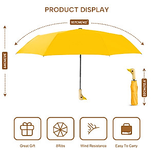 LEAGERA Compact Umbrellas for Rain&Sun, Travel Umbrella Cute Duck Head Handle Design for Girls Gifts, Steady 8 Ribs Folding Umbrella Lightweight and Small,Yellow