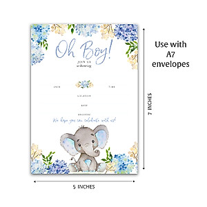 BLUE ELEPHANT Baby Shower INVITATIONS — Pack of 25 — BABY BOY Blank Fill-in Baby Shower INVITES, Oh Baby, Blue Floral BABY ELEPHANT BOY Baby Sprinkle Little Peanut Invitation SKU I531-INV1