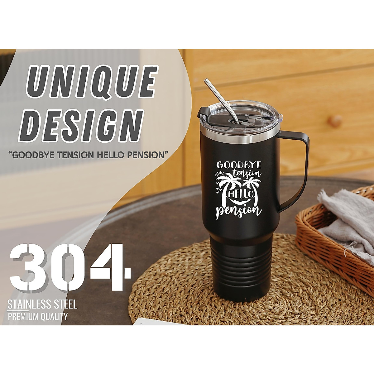 Onebttl Retirement Gifts for Men, Retirement Tumbler for Men 40oz Insulated Travel Cup with Handle, Retired Gifts for Dad, Grandpa, Friends, CoWorker (Black, Goodbye)