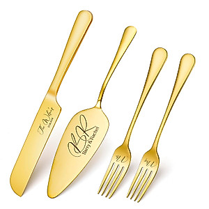 Zhamate Personalized Cake Knife and Server Set, Cake Cutting Set for Wedding, Custom Stainless Steel Personalized Cake Cutter for Wedding, Anniversary, Birthday Gift(Gold)