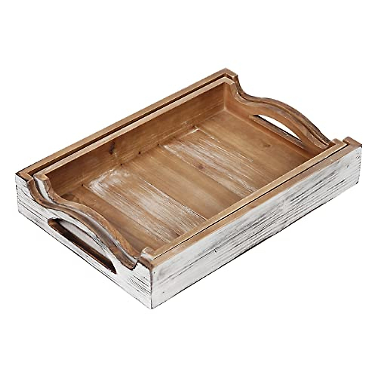 Distressed Rustic Serving Tray Set of 2, Nesting Coffee Table Trays for Living Room, Wood Serving Tray with Handles, Decorative Serving Tray for Ottoman Rectangle, Butler Tray for Party, Bedroom