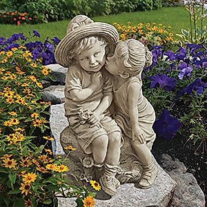 Design Toscano Kissing Kids Boy and Girl Garden Decor Statue, 14 Inch, Polyresin, Antique Stone