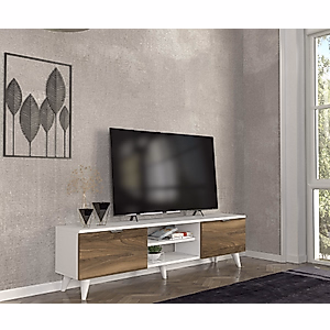 DORPEK Tealo Tv Stand White - Walnut, Tv Cabinet for TVs up to 65", Tv Bench with 2 Drawers and 2 Open Shelves, Tv Storage Unit for Living Room and Bedroom