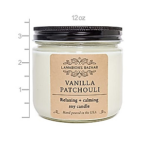 Vanilla Patchouli - Relaxing and Calming Vanilla Patchouli Scented Candle - Large Soy Candle - Glass Jar Candle in a Box