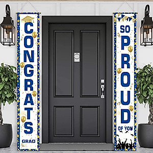 Allenjoy Blue Graduation Porch Sign Congrats Grad Door Banner for Party Decoration So Proud of You Flag Welcome Hanging Wall Outdoor Indoor Polyester 11.8x70.9 Inch Home Event Decors Supplies 2PCS