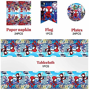 50pcs Spidey and His Amazing Friends Birthday Party Supplies Decorations, 24 Plates, 24 Napkins, 1 Tablecloth and 1 Pull Flag, Birthday Party Favors for Kids Boys Girls