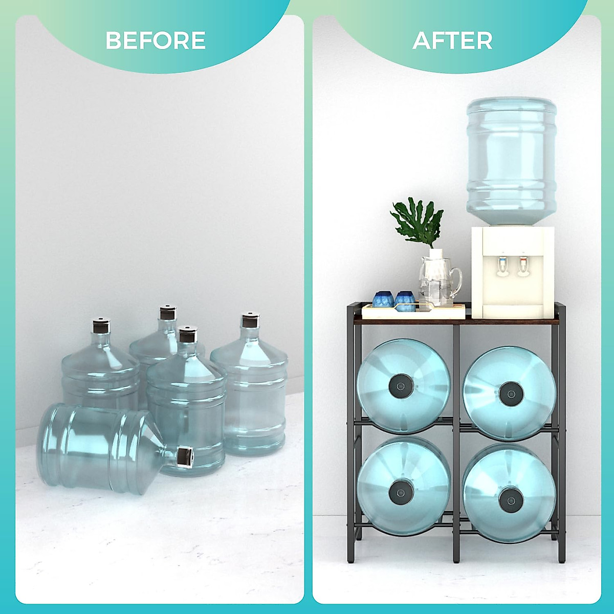 5 Gallon Water Jug Holder for 4 Bottles with Rustic Brown Wood Top Shelf, 5 Gallon Water Jug Stand, 5 Gallon Water Bottle Holder, Heavy Duty Water Dispenser Stand for Home Kitchen/Office/Living Room