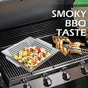 8” Grilling Basket, HaSteeL Small BBQ Grill Basket Wok Set of 2 for Vegetable, Kabobs, Shrimps, Heavy Duty Stainless Steel Grilling Accessories for All Grills, Dishwasher Safe