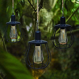 Hanging Solar Lights Outdoor - Hemp Rope Solar Powered Lantern Waterproof Retro Lanterns Lamps with Warm Light Edison Bulb for Patio,Yard,Garden and Pathway Decoration(Semicircle), Warm White