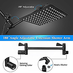 Tiluza 8-Inch Square Rain Shower Head with Handheld, High Pressure, Black Rainfall Waterfall Bathroom Dual 11-Inch Extension Arm, 10 Spray Modes, 60-Inch Hose, Adjustable 180-Degree Angle