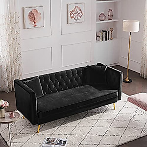 OUYESSIR Velvet Couch with Two Pillows and Gold Metal Feet, Modern Sofa for Living Room and Bedroom, 77 Inches, Black