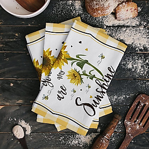 2 Pack Dish Towel for Kitchen,Absorbent Dishes Cloth Spring Sunflowers Farmhouse Bee Soft Hand Towels for Home Cleaning Quick Drying Bathroom Cloths Terry Yellow White Buffalo Check