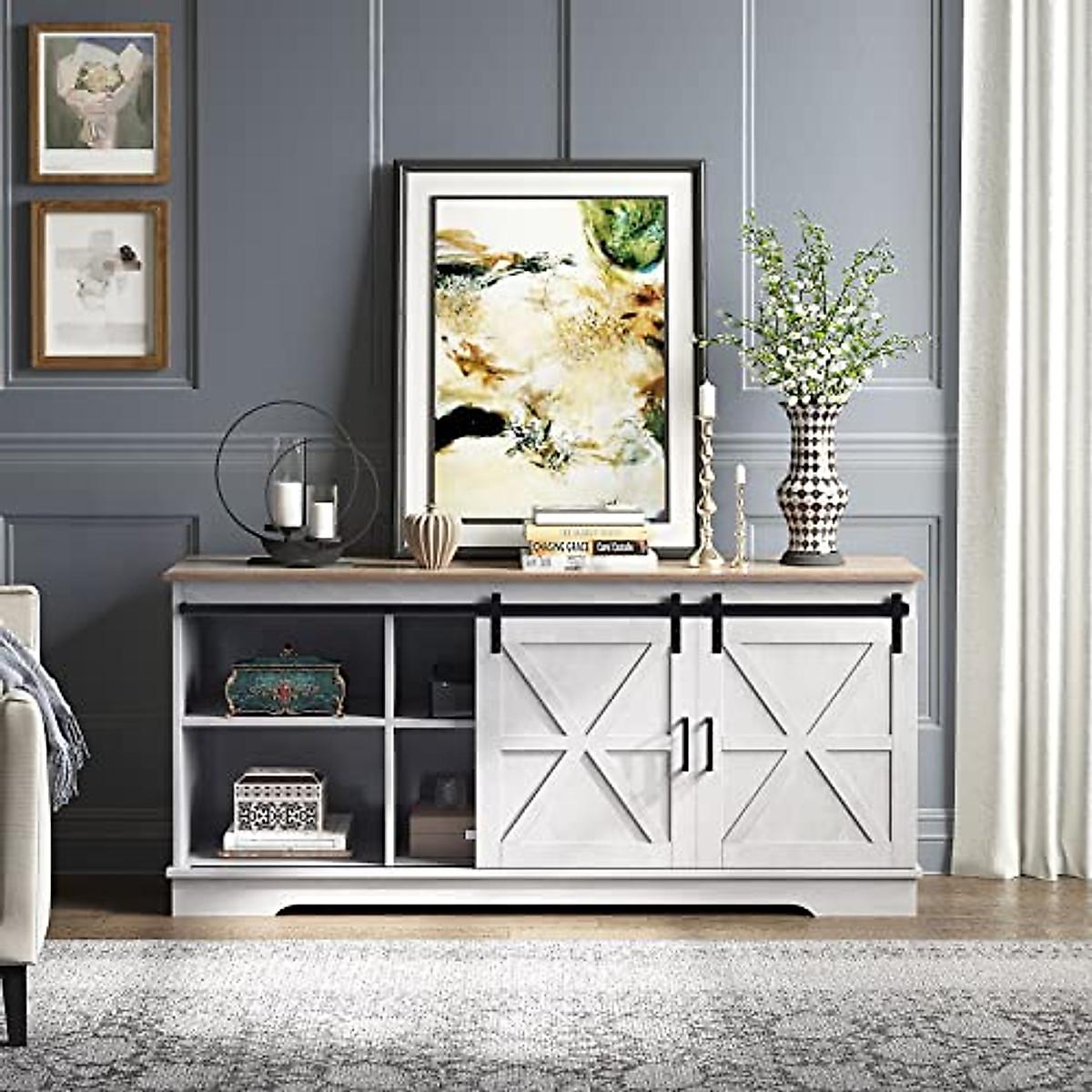 YITAHOME Kitchen Buffet Cabinet, 60“ Farmhouse Sliding Barn Door Coffee Bar Sideboard Buffet Cabinet with Capacity 300 lbs for Home Kitchen Dinning Living Room, Grey White/Grey Wash