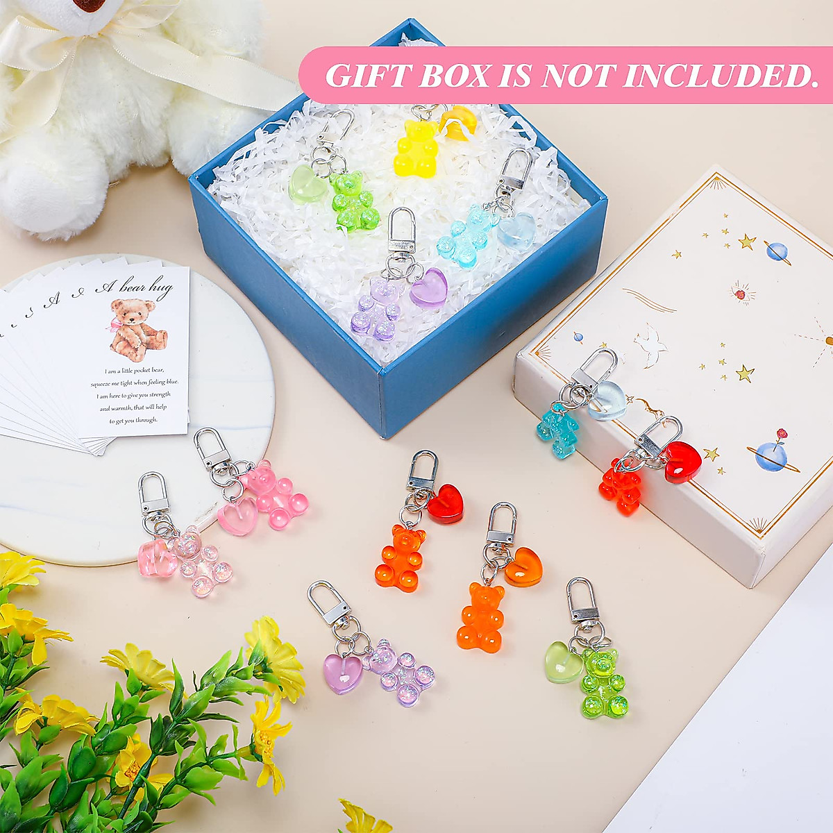 HyDren 24 Sets Cute Bear Keychains Gift Bear Cards Acrylic Bears Keyrings Classroom Gifts for Students Girl Boy Bear Baby Shower Keychains School Inspirational Reward Gift Bear Themed