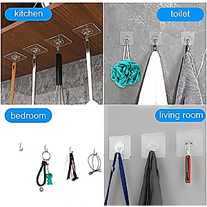 QUALIALL 33lbs Adhesive Hooks for Hanging on Wall or Ceiling, Heavy Duty, Clear, Damage Free, Traceless, Stick on Hangers for Kitchen Bathroom, 10pcs