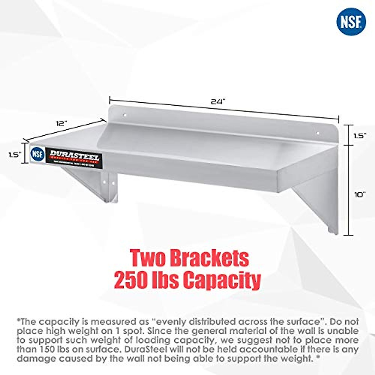 DuraSteel Stainless Steel Wall Shelf - 24" Wide x 12" Deep Commercial Grade - NSF Certified - Industrial Appliance Equipment (Restaurant, Bar, Home, Kitchen, Laundry, Garage and Utility Room)