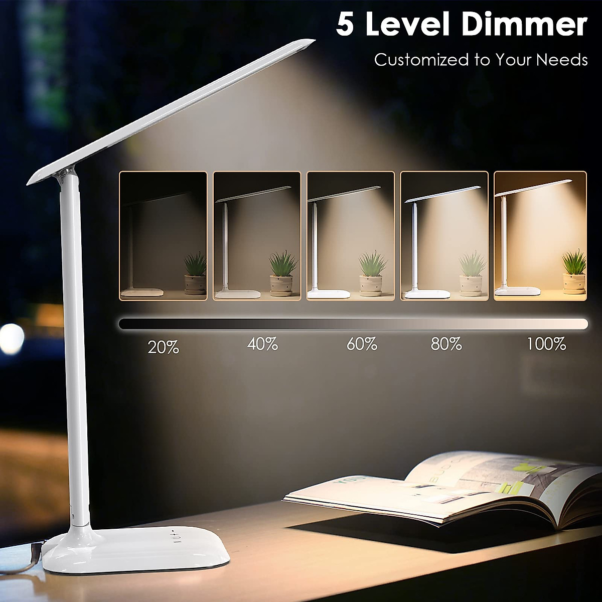 RensanR LED Desk Lamp, Desk Light with USB Charging Port, 3 Color Modes, 5 Brightness Level, Dimmable Table Lamp Reading Lamp, Sensitive Control,Eye-Caring Office Lamp