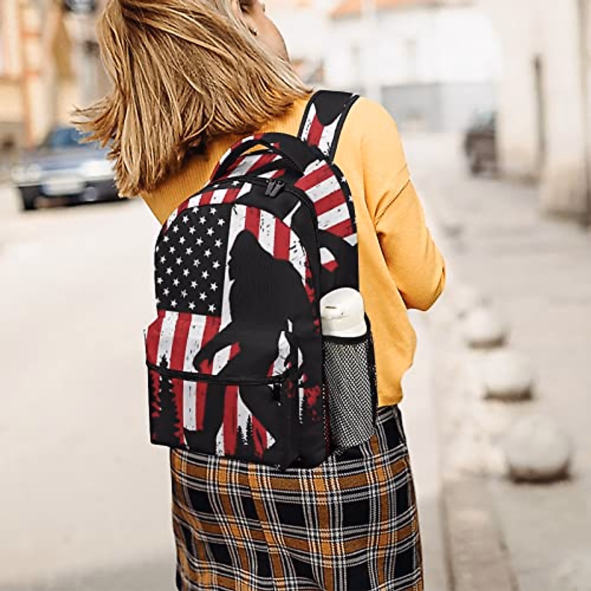 Bigfoot and American Flag Laptop Backpack Fashion Shoulder Bag Travel Daypack Bookbags for Men Women