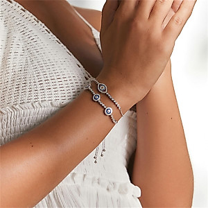 BISAER Blue Evil Eyes Tennis Bracelet 925 Sterling Silver Luck Bracelet with Cubic Zirconia Chain Adjustable for Women