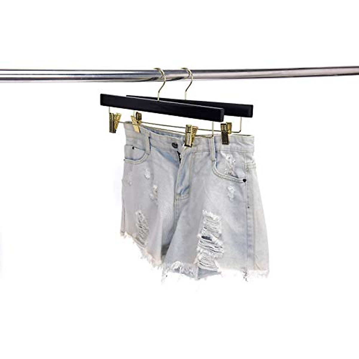 Quality Hangers Black Wooden Pants Hangers - 20-Pack Swivel Hook Cloth Hanger Set - Lotus Wood Skirt, Pant, Shorts and Slack Hangers with Adjustable Clip – Black Clothing Hanger (Gold Hook, 20)