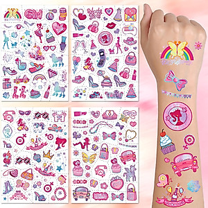 Pink Temporary Tattoos for Kids Girls and Women, Flower Star Handbag Crown Sunglasses Champagne Car Cake Party Fake Tattoos for Decorations, 140+ Styles Temporary Tattoos for Party Supplies & Favors
