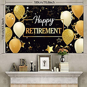Happy Retirement Party Decorations, Extra Large Fabric Black and Gold Happy Retirement Sign Banner Photo Booth Backdrop Background with Rope for Retirement Party Favor, 70.8 x 43.3 Inch