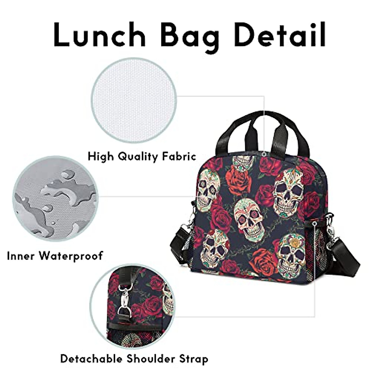 Reusable Skull Lunch Box for Boy Girl Man Women, Adjustable Shoulder Strap Insulated Lunch Bag Lunch Tote Bag for Travel Picnic Office Work