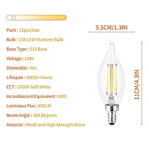 E12 Candelabra Bulb 60 watt, Dimmable LED Bulbs Filament Candle Light Bulbs 600LM 2700K Soft Warm White Light Clear Glass Chandelier Edision Bulbs, UL Listed, Flame Tip Style, 12 Pack