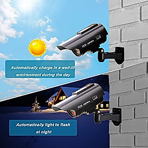 YSUCAU Solar Powered Bullet Dummy Fake Simulated Surveillance Security CCTV Dome Camera Indoor/Outdoor Use with Flashing Red LED Light & Warning Security Alert Sticker Decal, 2 Packs, Black