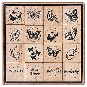 UCEC Wooden Rubber Stamps for Craft, 16 Pieces Butterfly Stamp Set Cute Stamps, Vintage Wood Stamps, Craft Stamps for Scrapbooking, Butterfly Craft Card Making Decoration, Butterfly Wings & Stars