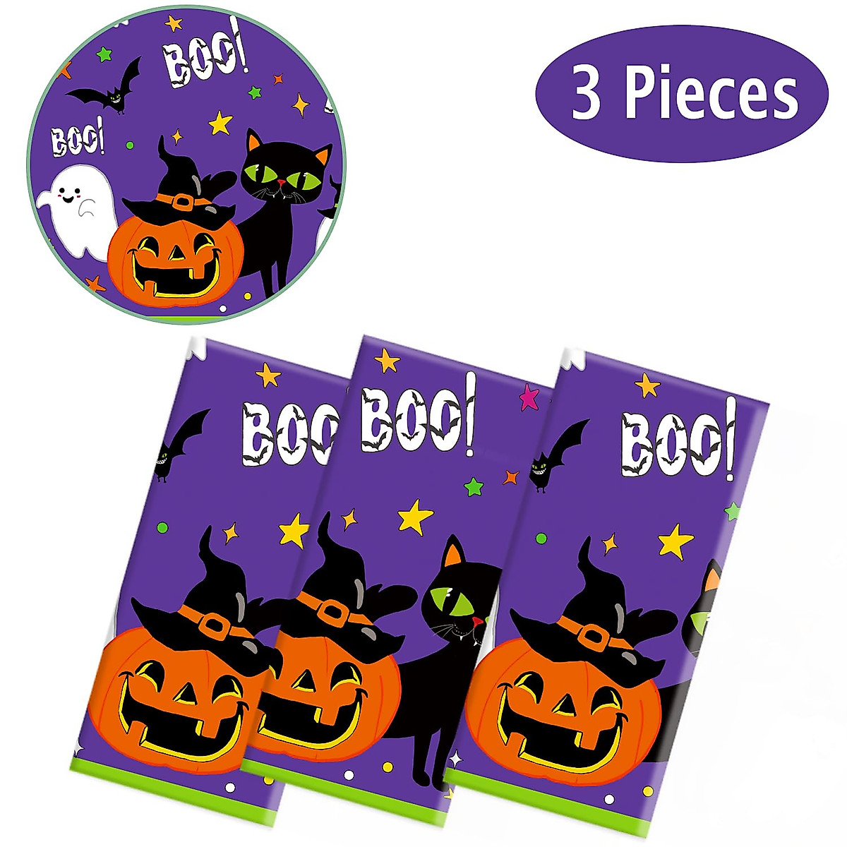 3 Pcs Halloween Tablecloth Large Disposable Plastic Table Covers for Halloween Parties, Bats and Pumpkins Plastic Table Cloth for Indoor Outdoor Halloween Decorations, 54x108 inch