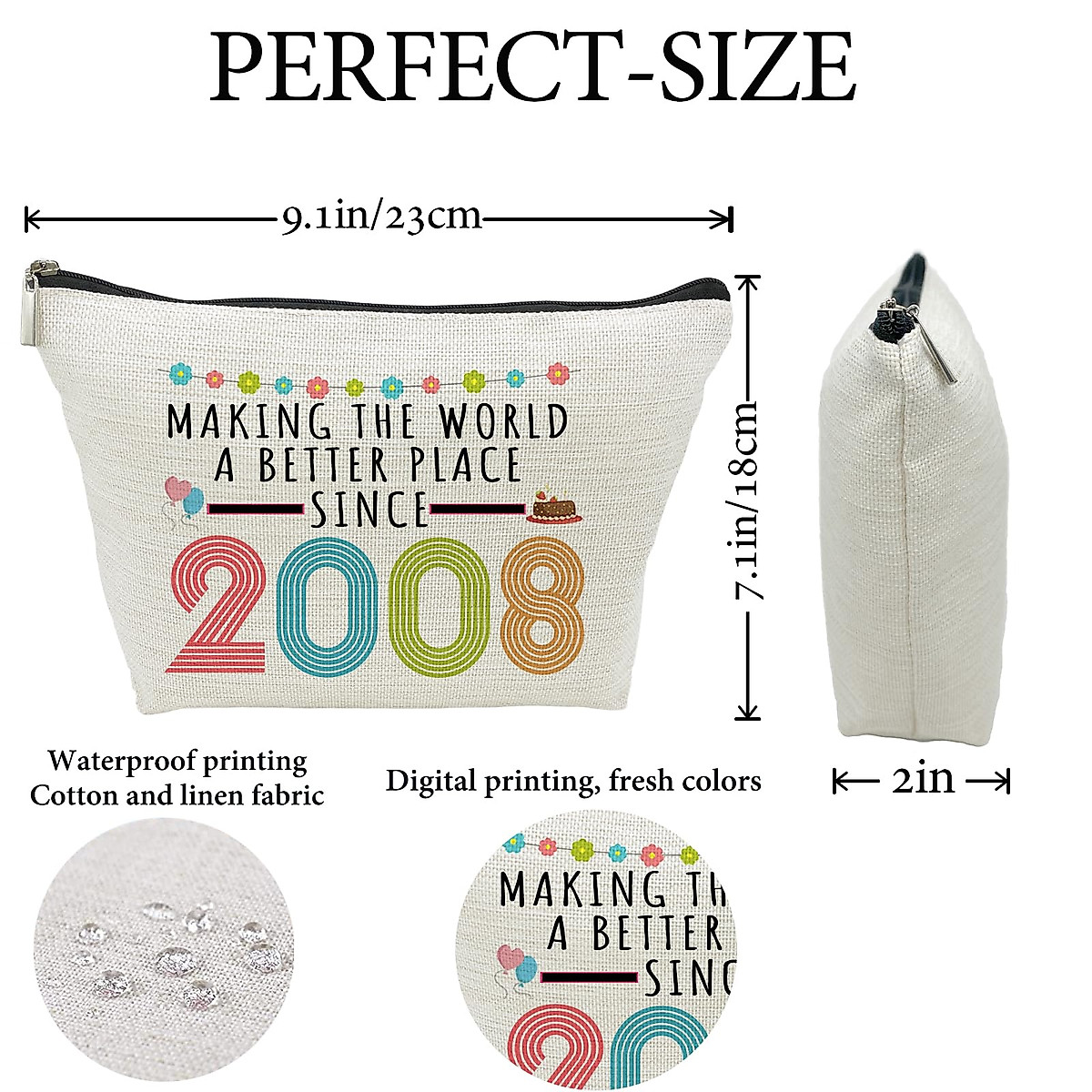 16th Birthday Gifts for Girls, Funny 16 Year Old Gift Makeup Bag, 2008 16th Birthday Makeup Bags for Her, Teens, Sister, Daughter, Niece, Granddaughter, Making The World a Better Place Since 2008