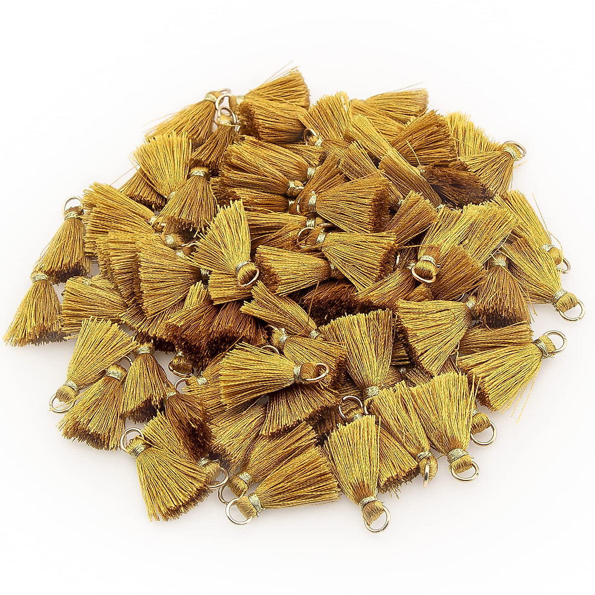 VAPKER 100Pcs 0.8Inch/2CM Mini Tassels Gold Tassel Tiny Handmade Craft Tassels with Gold Jump Ring for Earring Jewelry Necklace Making Accessories DIY