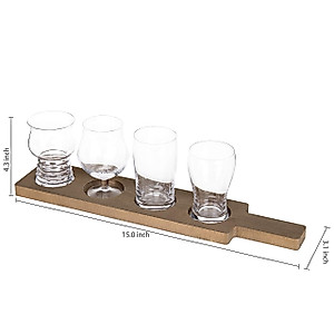MyGift Rustic Brown Solid Wood Paddle Shaped Beer Flight Board with Beer Glasses, Pub Party Tasting Flight Set with 5 oz Craft Beer Sampler Glasses, 5 Piece Set
