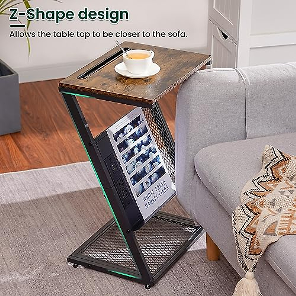 Yifeel End Table Set of 2 with Charging Station, Side Table with Storage Shelf, Bedside Table, Nightstand for Small Spaces, Living Room, Bedroom, Rustic Brown and Black JET002CSR2