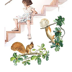 HUANLE 4 Pack Cartoon Squirrel Animal 3D Vinyl Wall Decal Realistic Green Branch Squirrel Playing Art Murals Removable Animal Wall Stickers for Teen Girls Kids Bedroom Bathroom Home Cabinet Decor