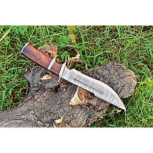 Damascus Hunting Knife, Handmade Full Tang Knife - Wood Handle Knife, Hand Forged Fixed Blade Knife & Bowi Knife - Camping Knives & Hiking Knives, Rose Wood Handle - Leather Knife Sheath