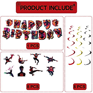 Spider Miles Birthday Decorations Spider Miles Party Swirl Hanging Swirls Whirl Streamers with Banner Party Decor for Boys Kids Girls Across Spider-Verse Party Decorations