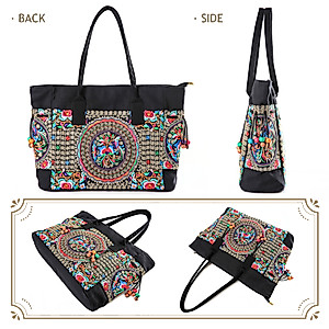 Embroidered Canvas Top Handle Handbag, Ladies Casual Vintage Shoulder Bag Fashion Tassels Handbag (Golden Flower)