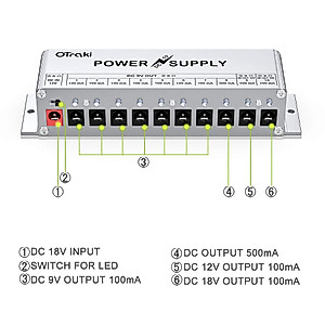 OTraki Guitar Pedal Power Supply 10 Individual DC Output Interfaces Pedal Power Supplies for 18V 12V 9V Effect Pedal Power Supply with Smart Short Circuit and Over Current LED Indicate, White