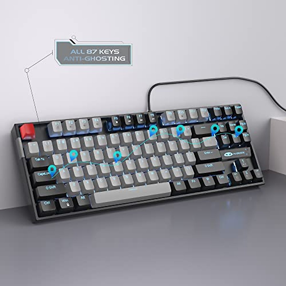MageGee 75% Mechanical Gaming Keyboard with Blue Switch, LED Blue Backlit Keyboard, 87 Keys Compact TKL Wired Computer Keyboard for Windows Laptop PC Gamer - Grey/Black