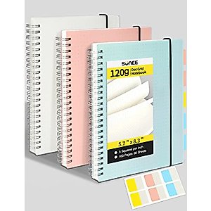 SUNEE Dotted Journal Spiral Notebook - A5 Spiral Bullet Journals with 120gsm Thick Dotted Paper, 3 Pack Dot Grid Notebook Giftable Journal for Women for School, Office, Artist Writing/Drawing, 80 Sheets, 5.7" x 8.3", Blue, Pink, Transparent