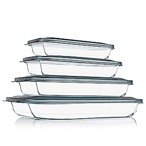 KOMUEE 8 Pieces Glass Baking Dish with Lids Rectangular Glass Baking Pan Bakeware Set with BPA Free Lids, Baking Pans for Lasagna, Leftovers, Cooking, Kitchen, Fridge-to-Oven, Gray