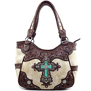 Zelris Turquoise Stone Cross Western Women Conceal Carry Tote Handbag Purse Set (Beige)