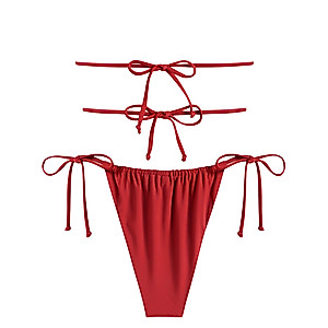 ZAFUL Womens Rib Ruched Bandeau Bikini Adjustable Tie Ruffle Cutout Sexy Swimwear Halter String Triangle Bikini Sets(2-Red, S)
